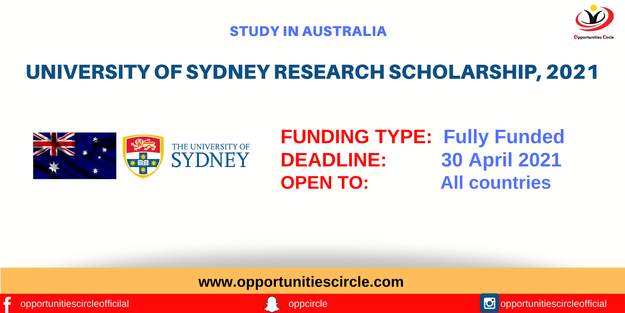 University of Sydney Research Scholarship, 2021 - Opportunities Circle University of Sydney Research Scholarship, 2021 - Opportunities Circle