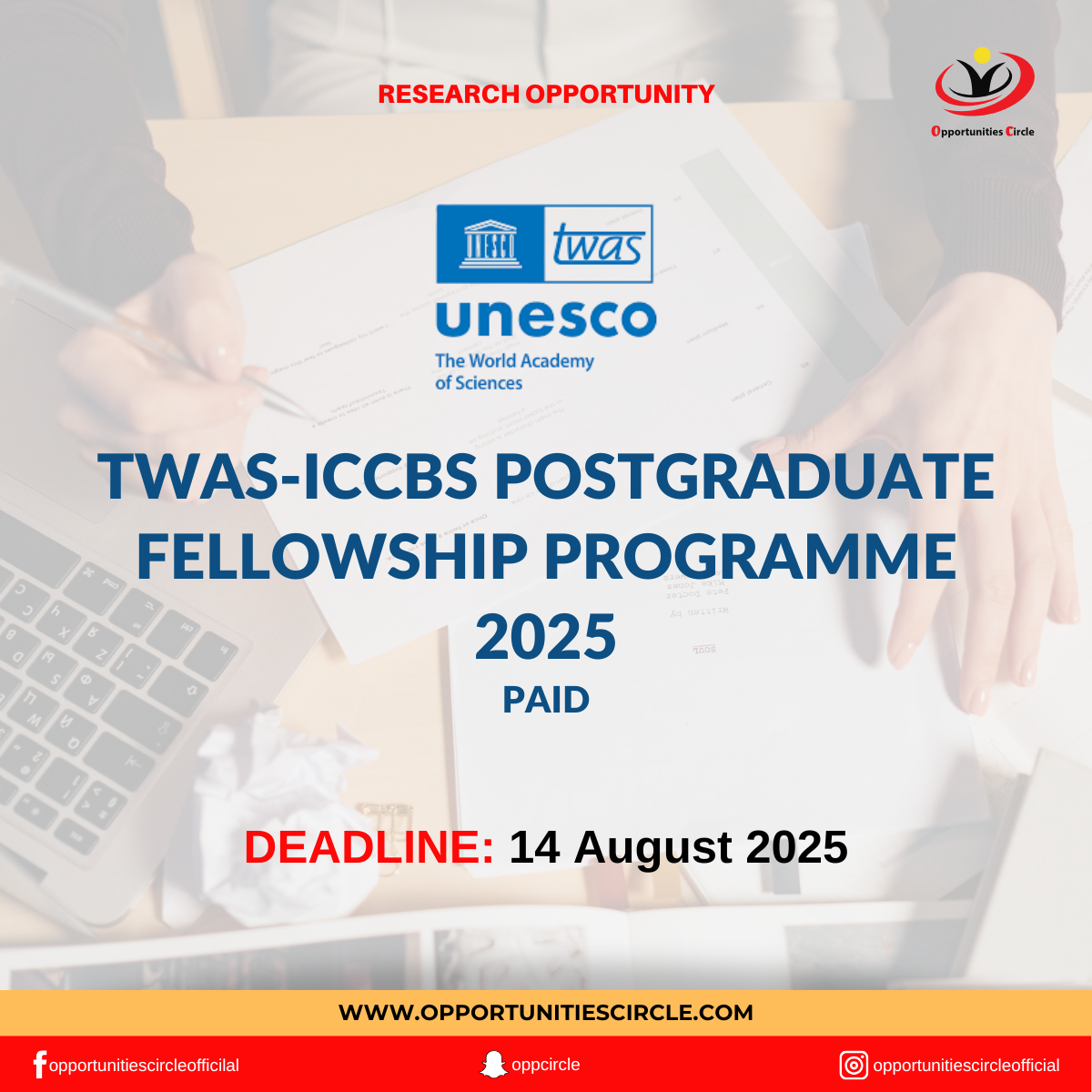 TWAS-ICCBS Postgraduate Fellowship Programme 2025 - Opportunities Circle