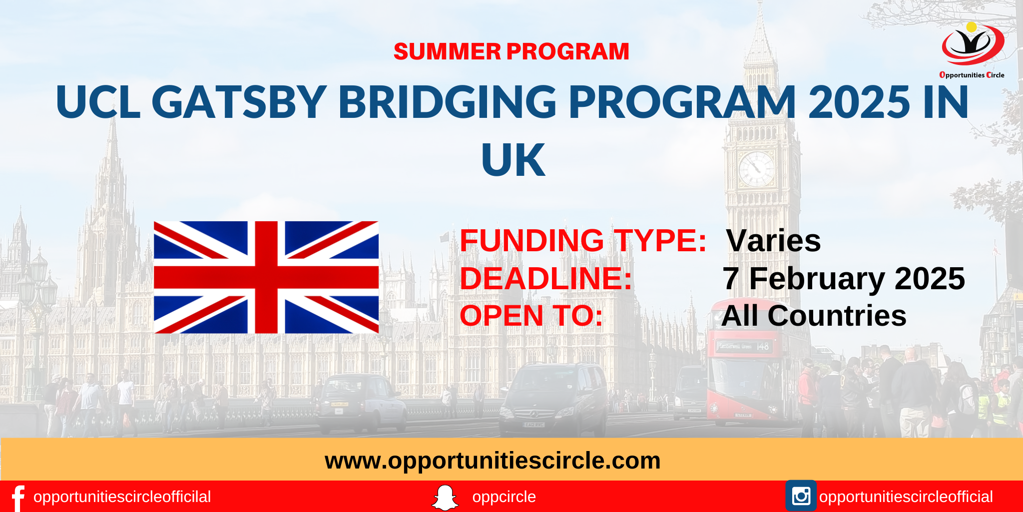UCL Gatsby Bridging Program 2025 in UK - Opportunities Circle