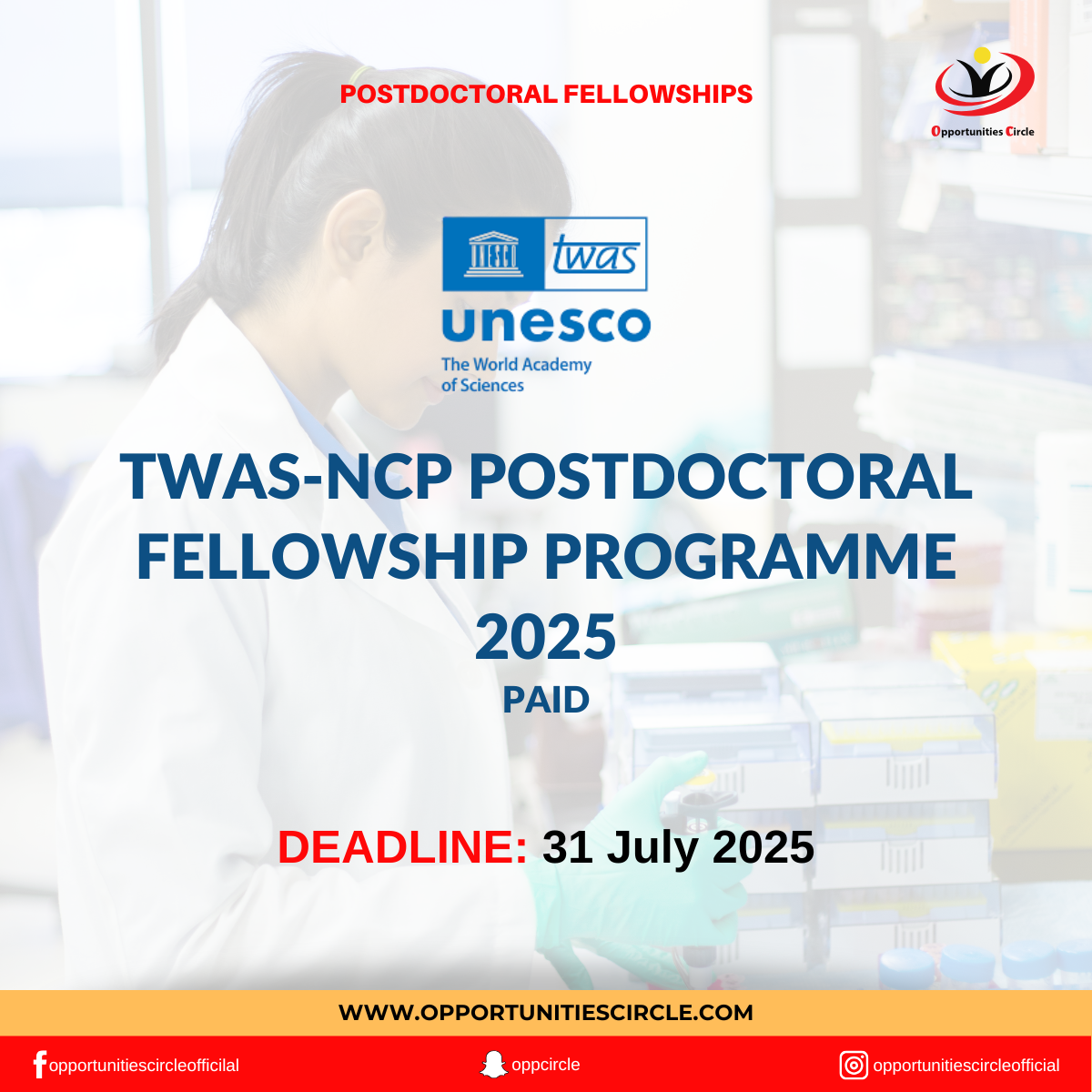 TWAS-NCP Postdoctoral Fellowship Programme 2025 - Opportunities Circle